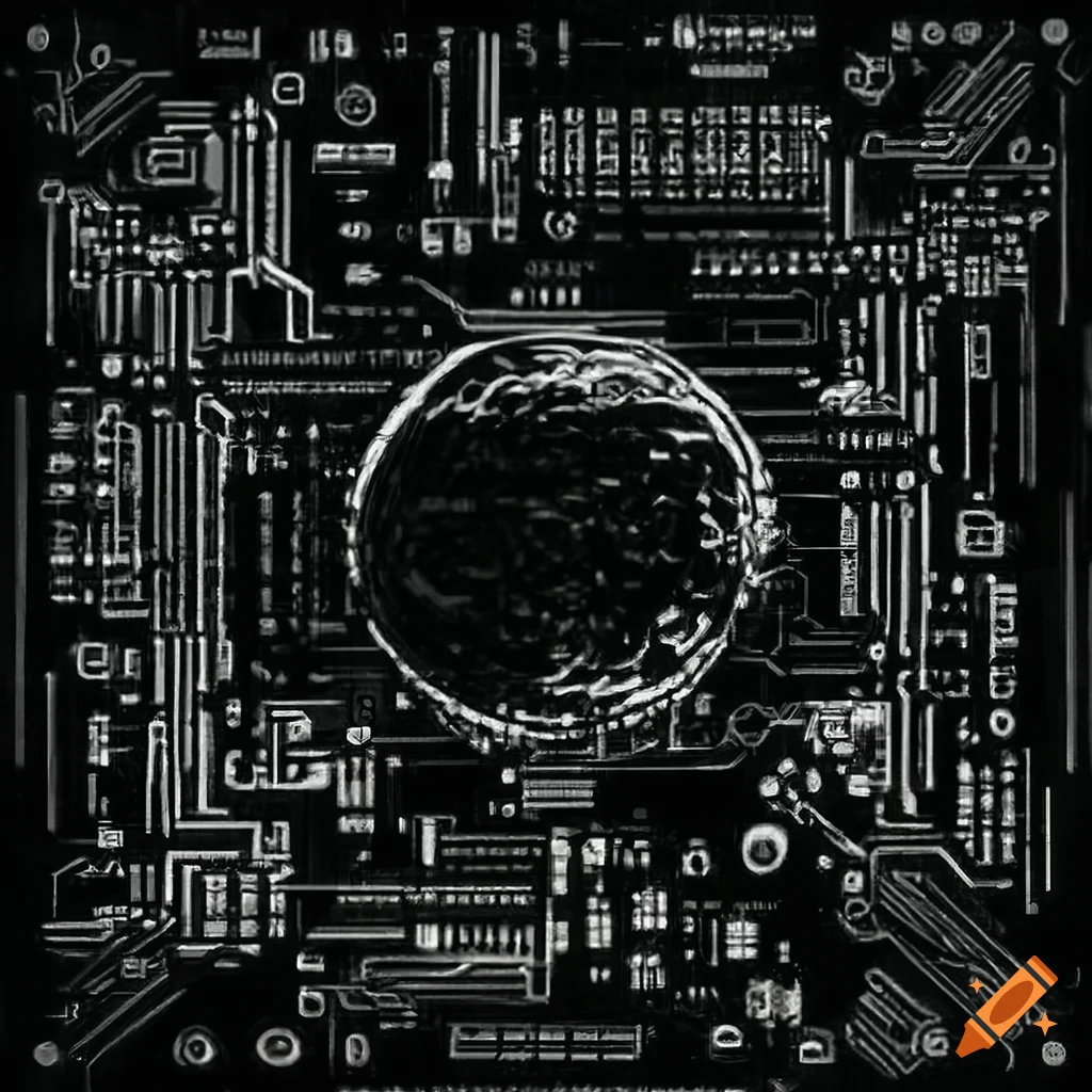 Circuit board moon drawing by yoji shinkawa black and white on Craiyon