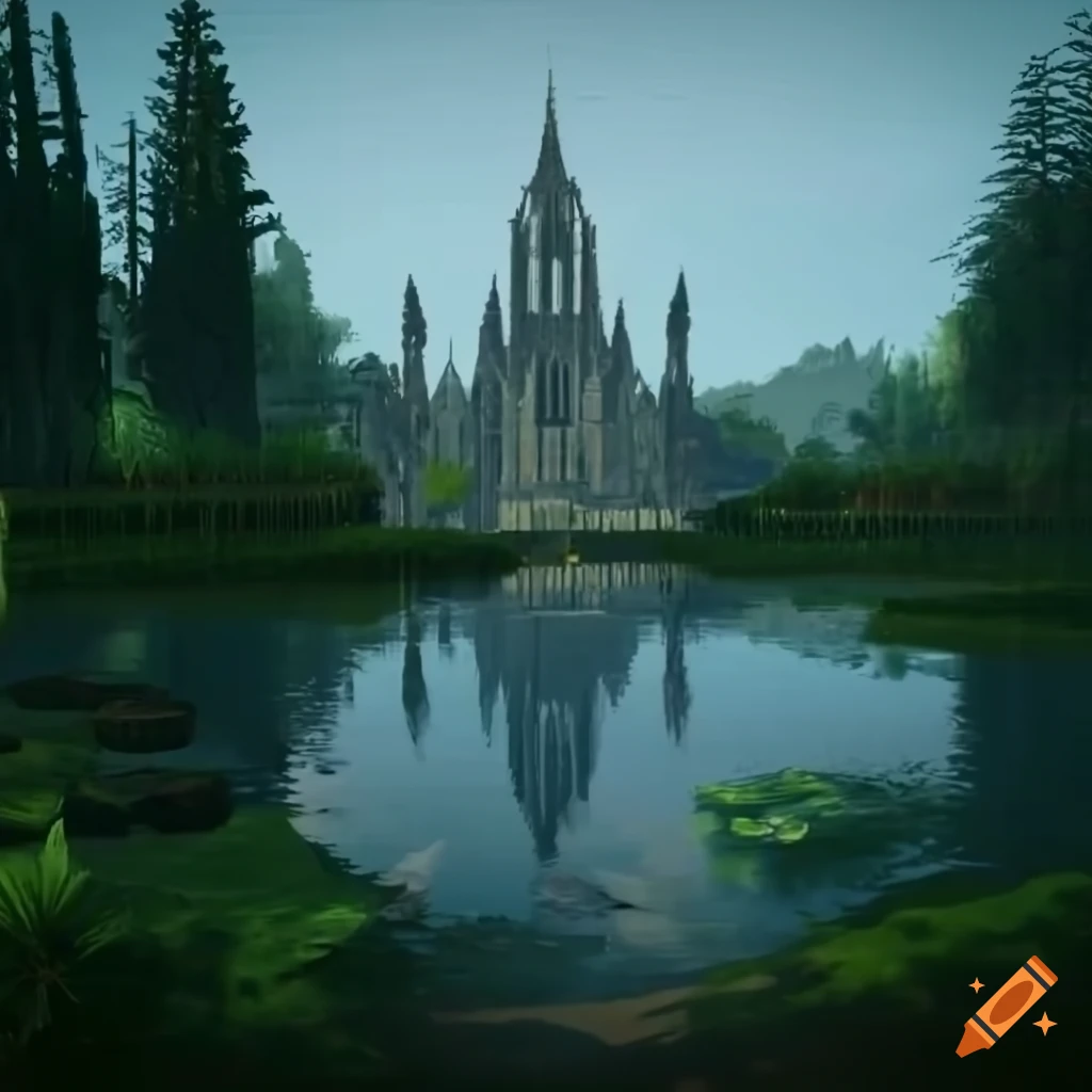 Multi-level mystic cathedral and houses, lush tropical landscaping ...