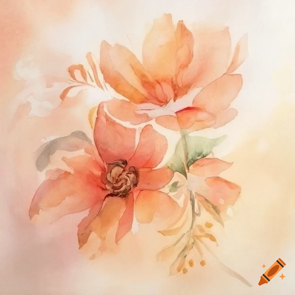 Watercolor painting of delicate light salmon flowers on a shimmering ...