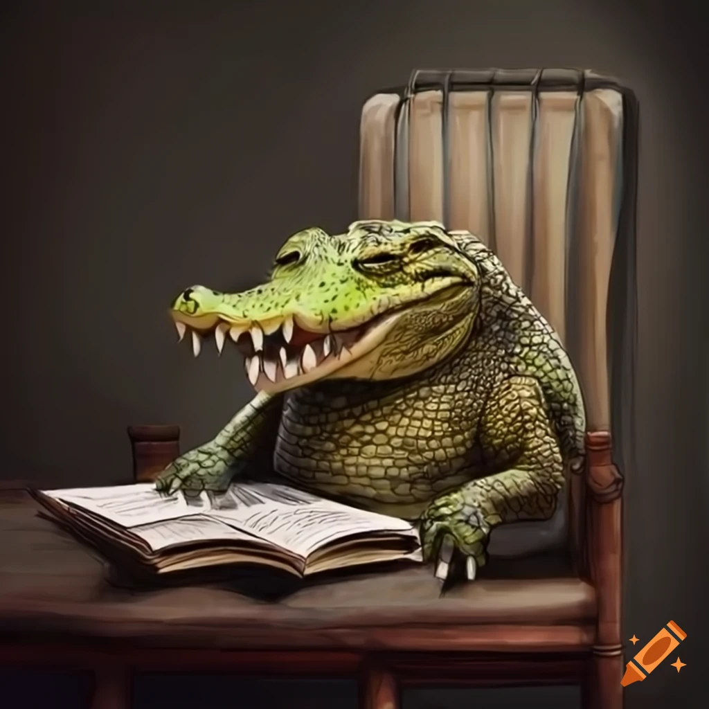Hyperrealistic crocodile sitting on an arm chair in a library reading a ...