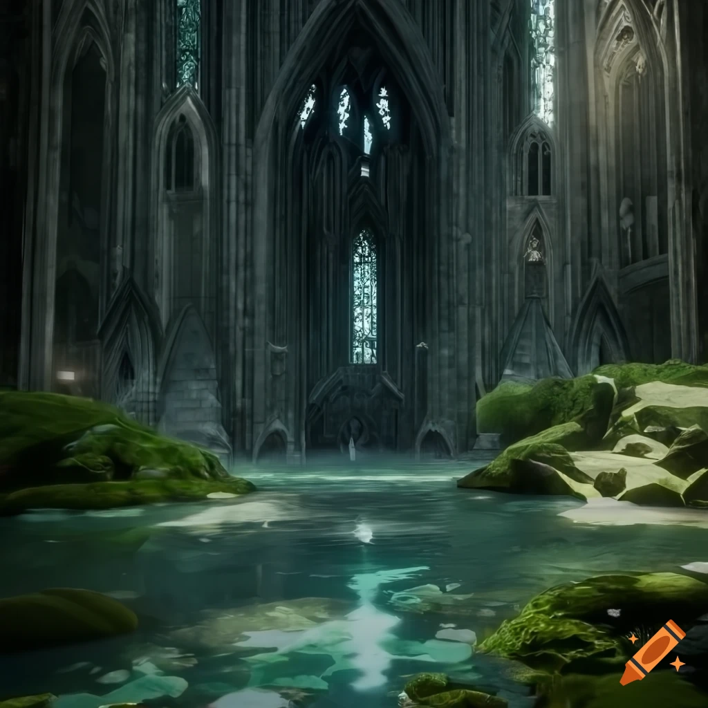 A mystic cathedral filled with crystals, pond, stone overgrown with ...