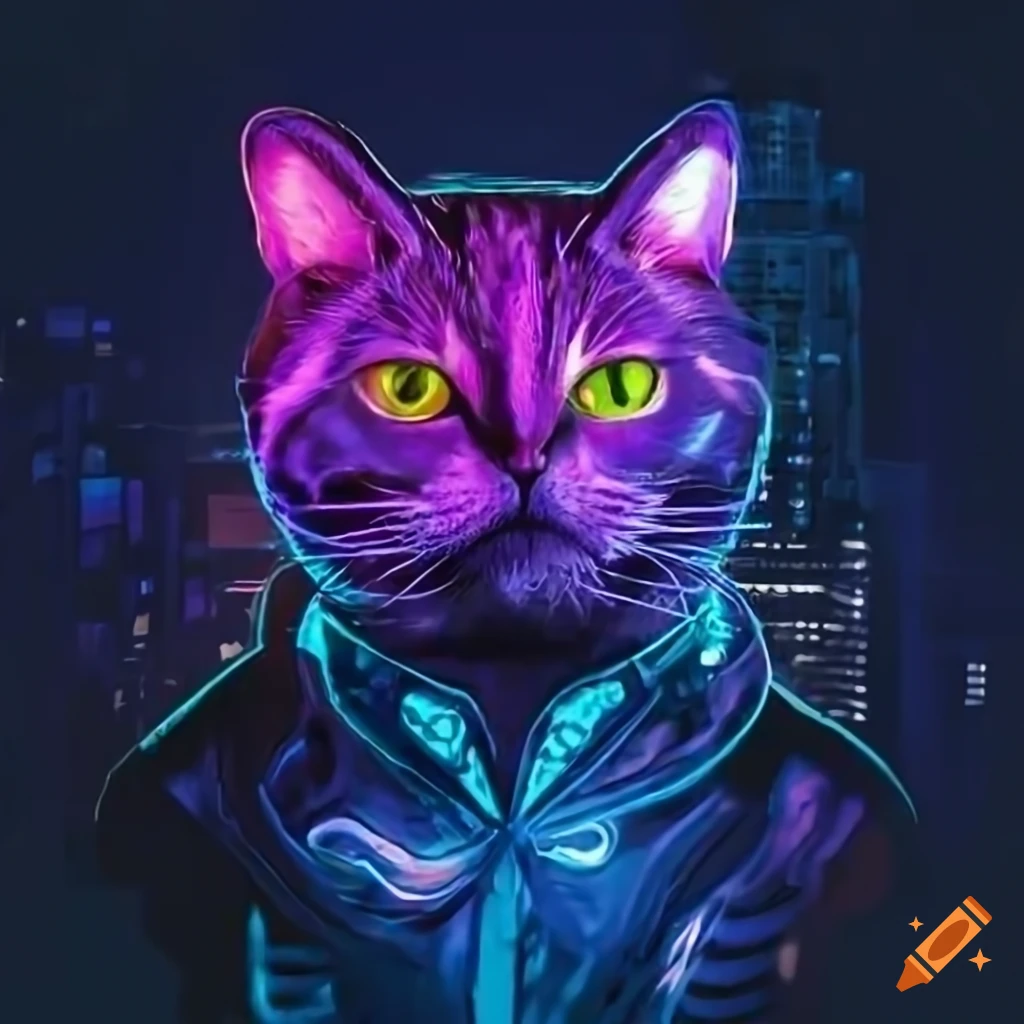 A futuristic neon cat in a cyberpunk cityscape