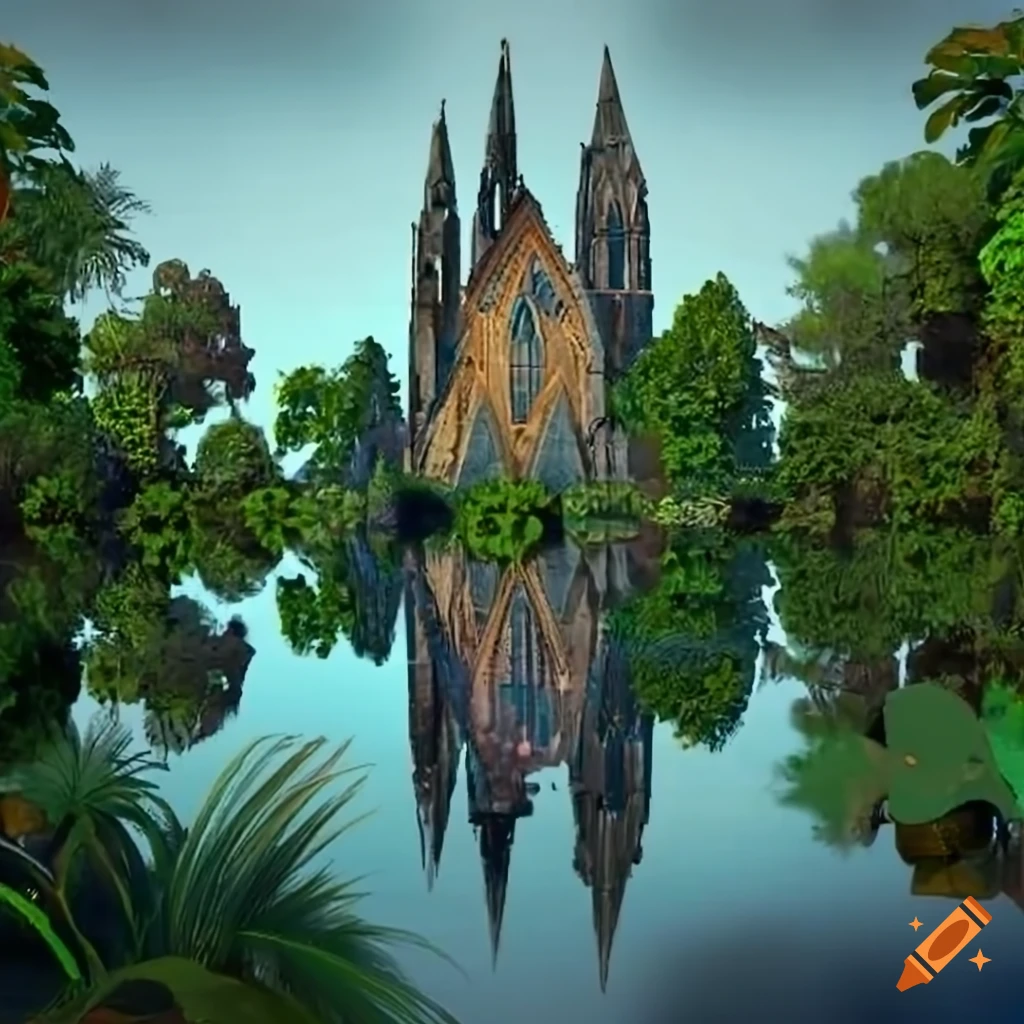 Multi-level mystic cathedral and houses, lush tropical landscaping ...