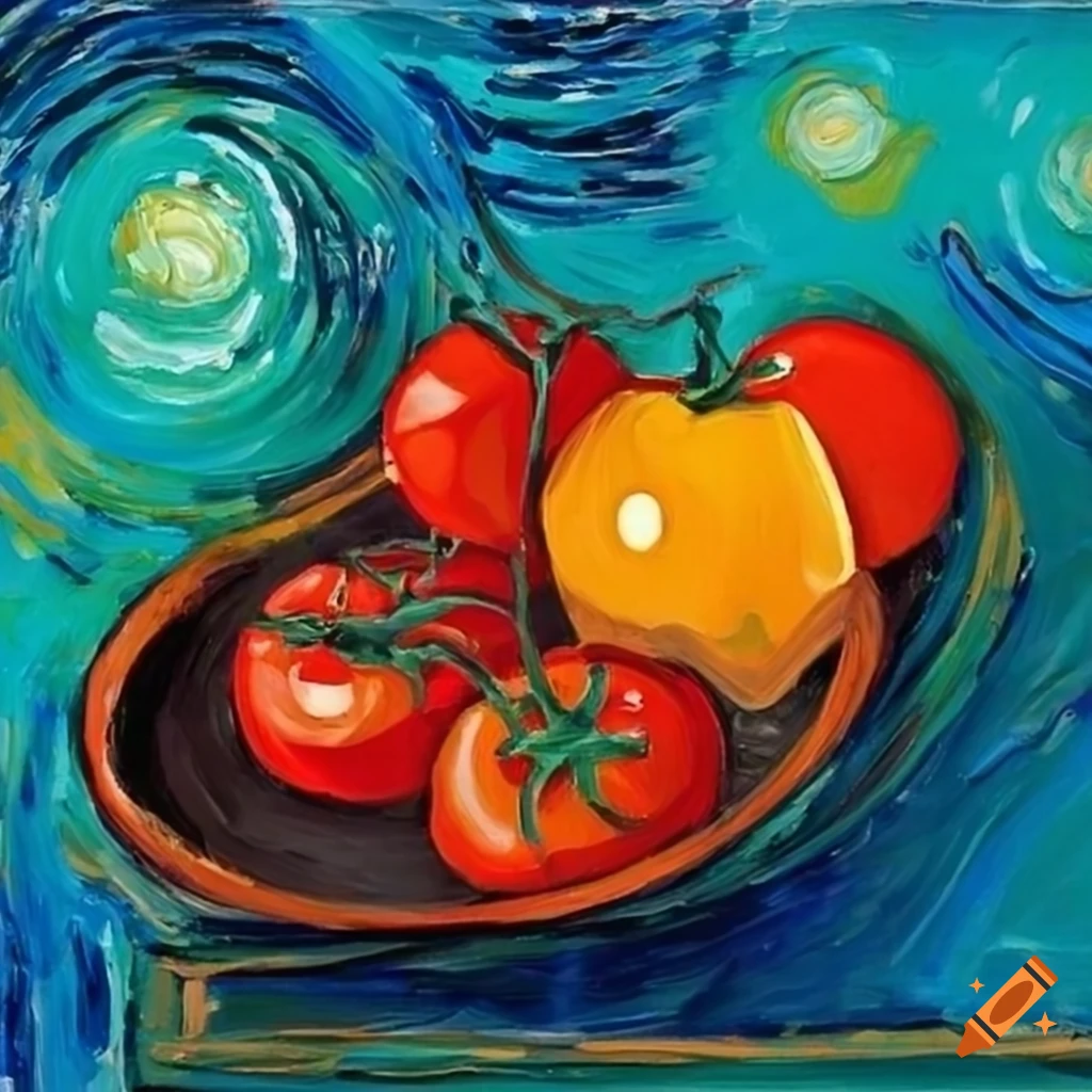 Glass and tomatoe, abstract still life painting, style Picasso kubistic ...
