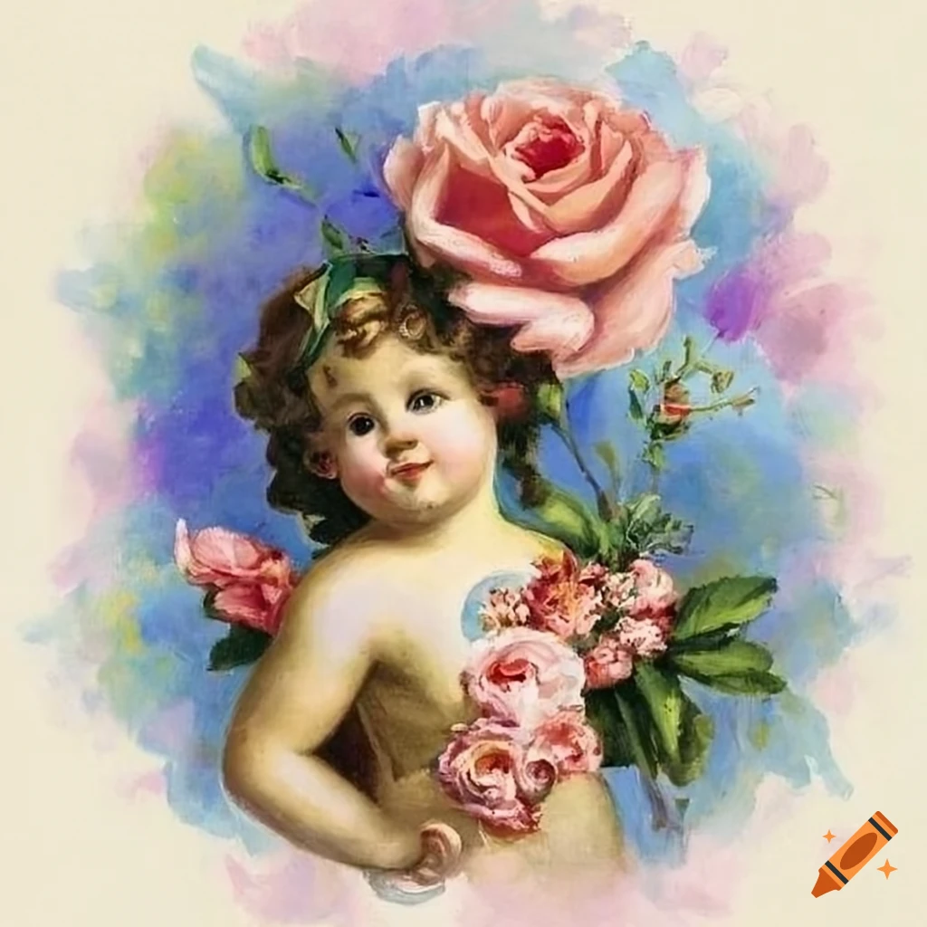 A serene cherub with wings among blooming roses, inspired by monet on ...