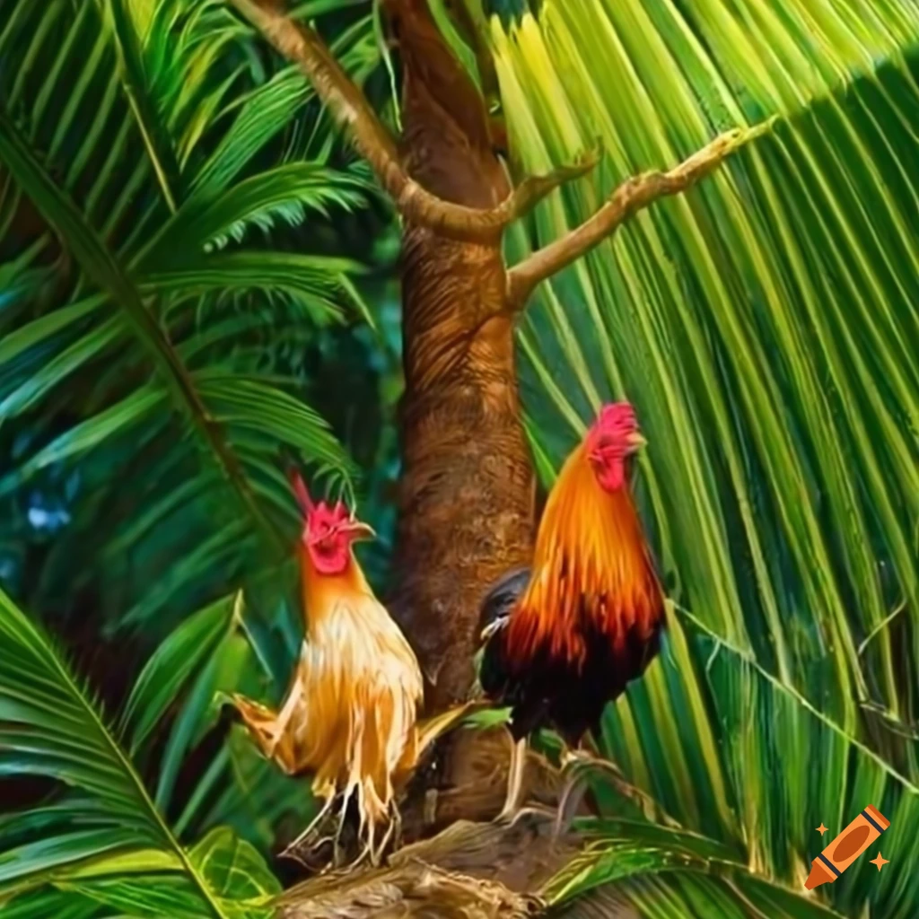 A serene palm tree with roosters perched on its leaves on Craiyon