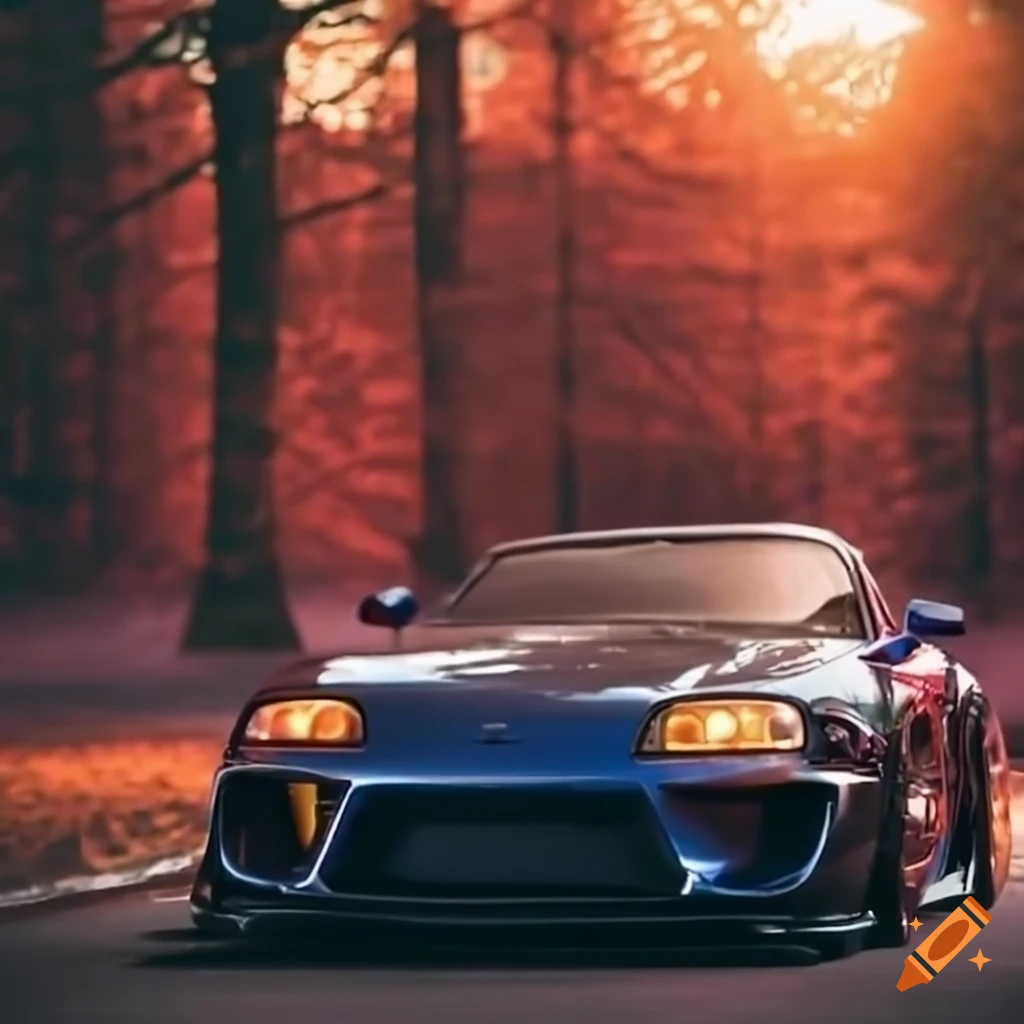 A sleek supra car racing against a stunning sunset backdrop