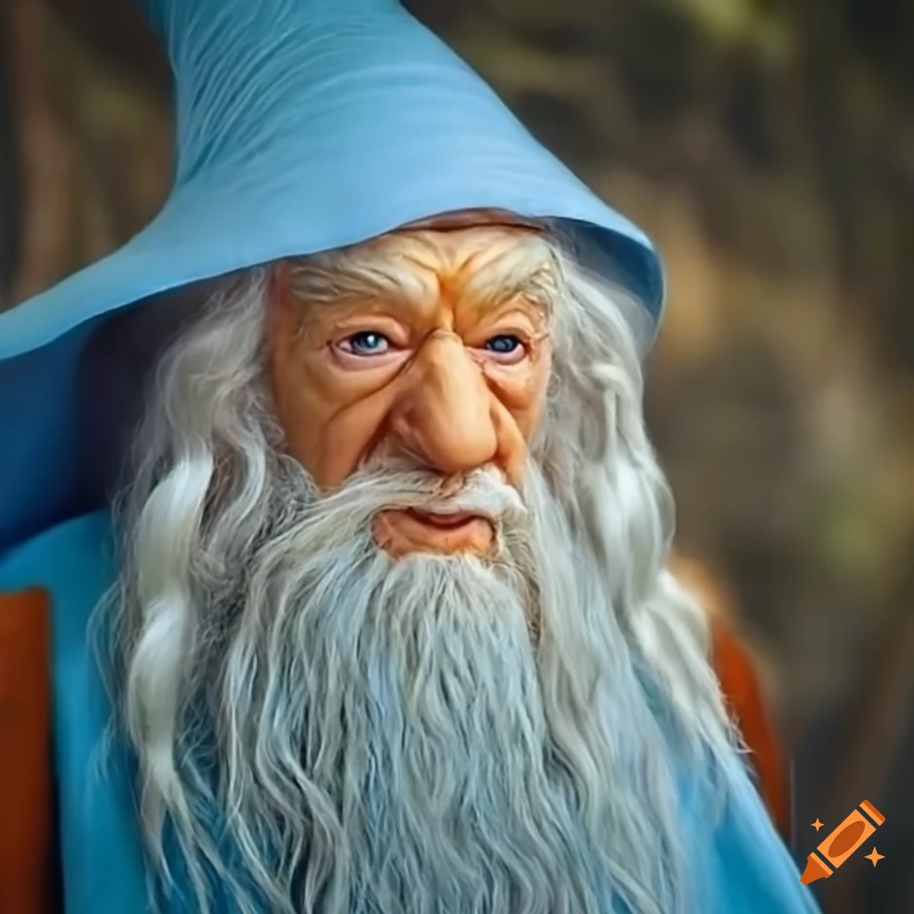 Gandalf the dwarf wearing sky blue and orange attire