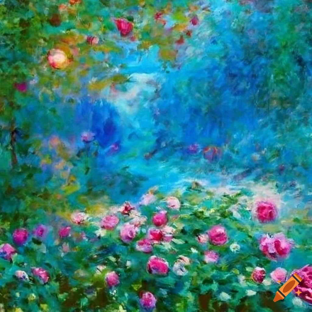 A beautiful garden of blooming roses, painted in Monet's style on Craiyon