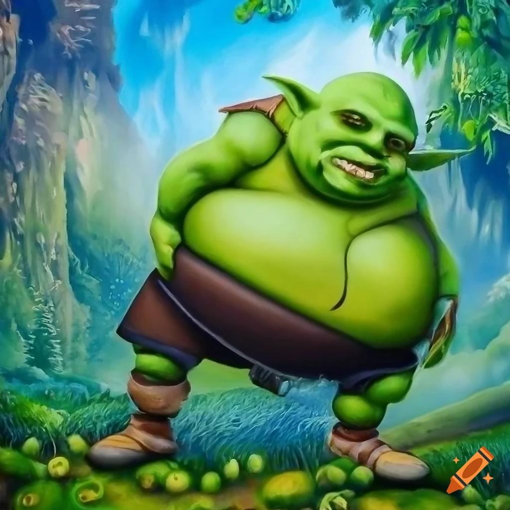 Bald fat goblin with a large belly and a round face near a magical ...