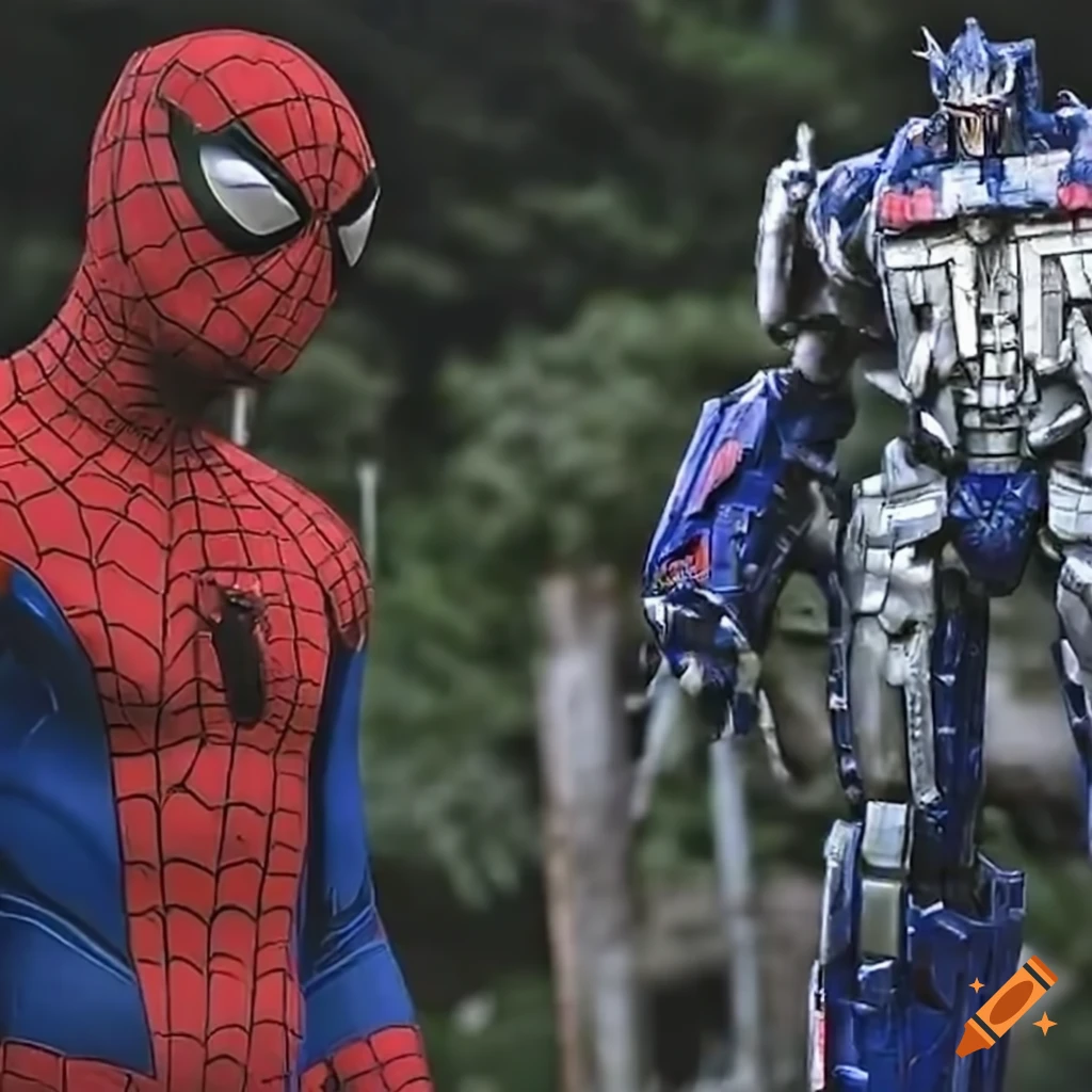 Spider-Man and Optimus prime hanging out in a junk yard as venom looks ...