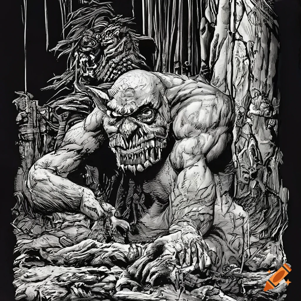 A menacing ogre with a large club, illustrated by bernie wrightson b&w ...