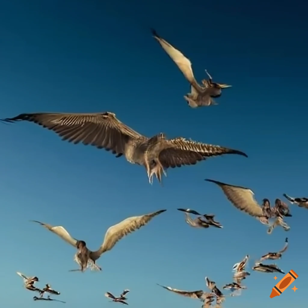 Flock of dragons flying with a flock of birds on Craiyon