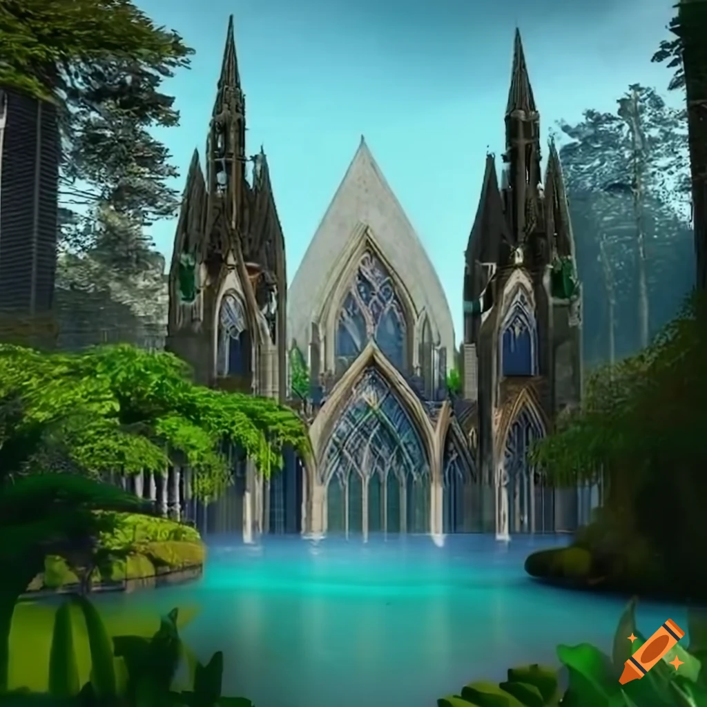 Multi-level mystic cathedral and houses, lush tropical landscaping ...