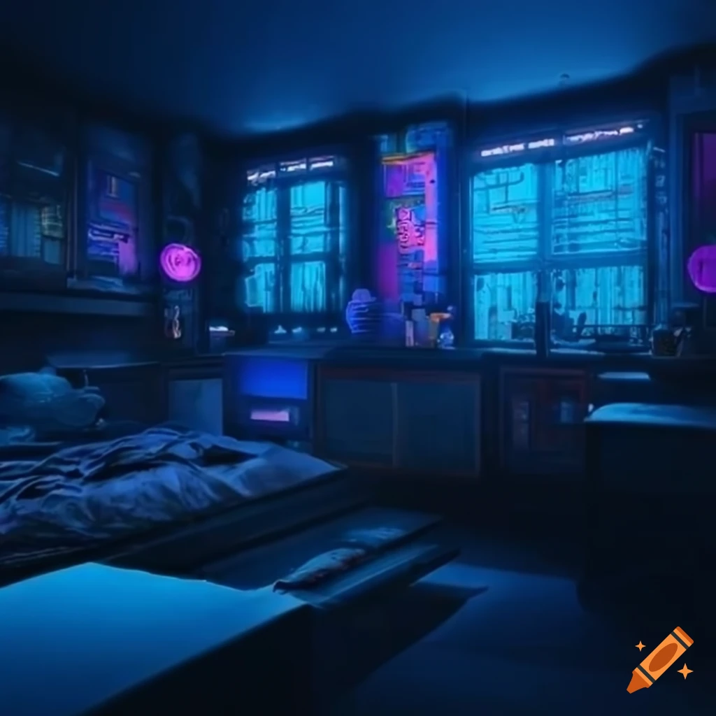Cyberpunk bedroom blue clutter on Craiyon