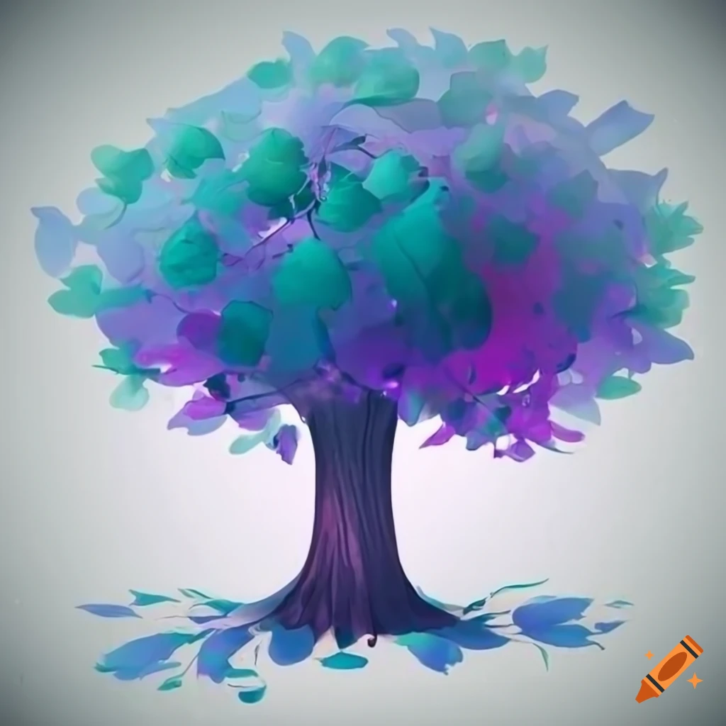 A magical tree with violet and blue leafs in a white contrast ...