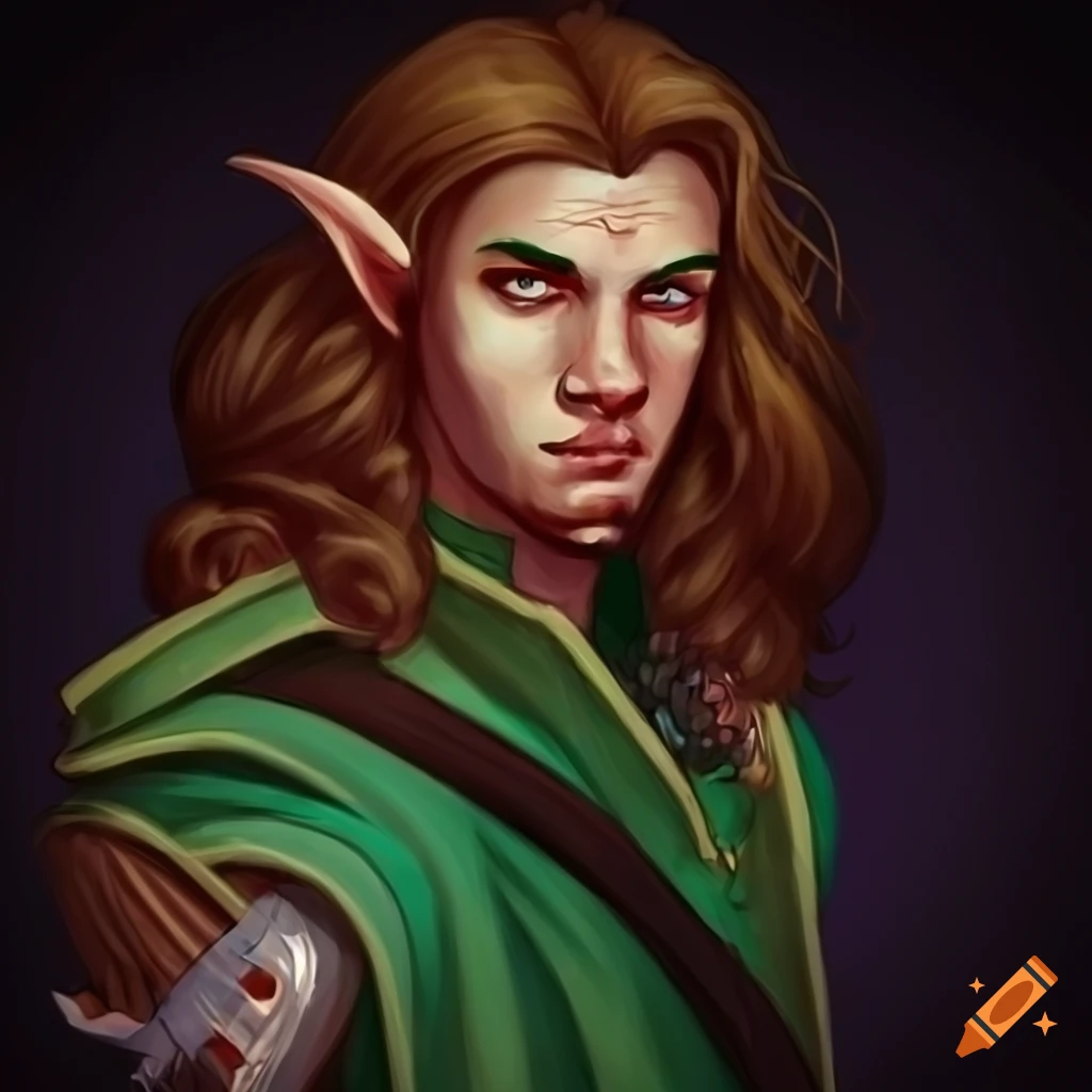Create a portrait of a charismatic and alluring half-elf bard in a ...