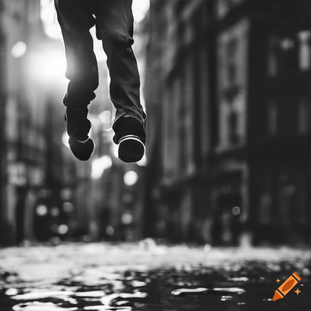 Man jumps over puddle, street photograph, black and white