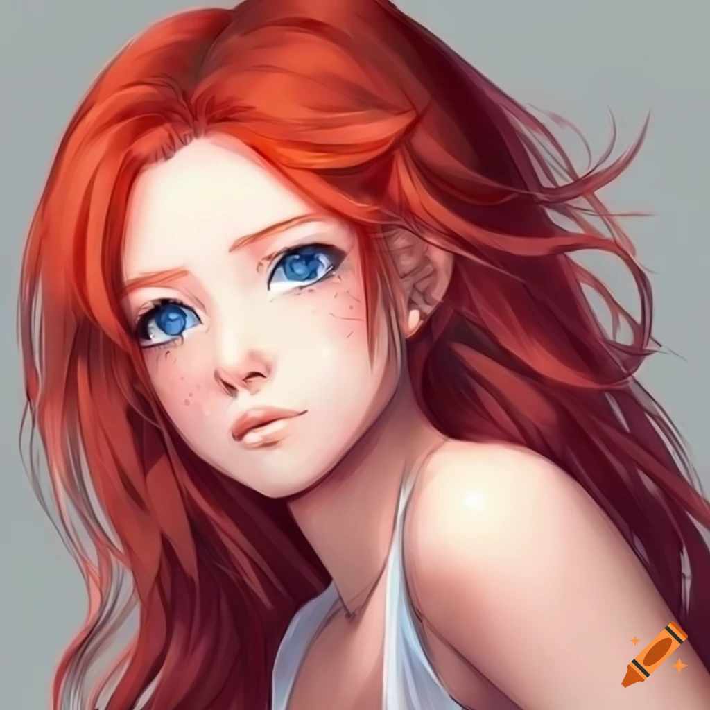 Beautiful Young Woman Shoulder Length Red Hair Very Light Freckles Blue