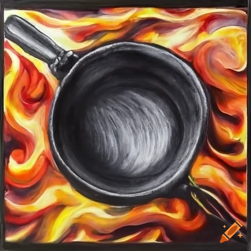 Black pan on the fire. Oil painting. Very detailed drawing. Maximum ...