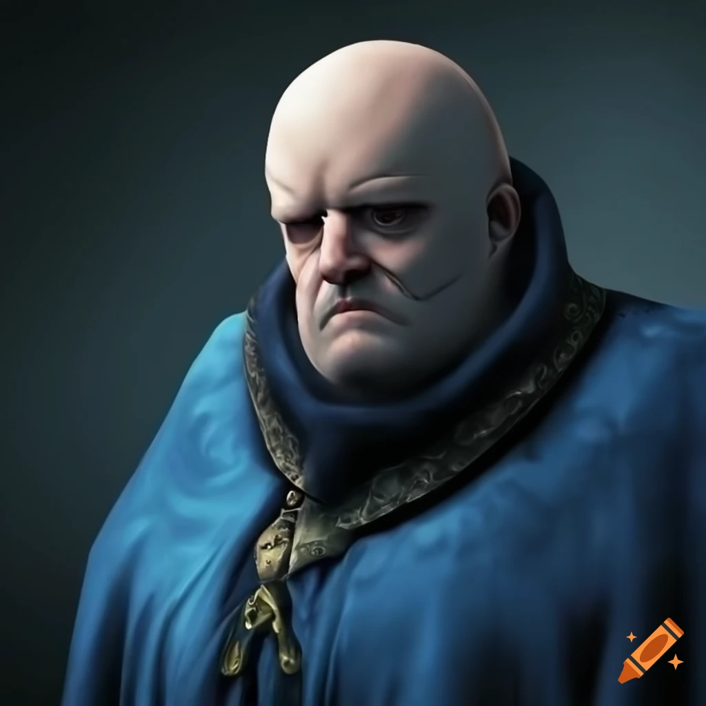 Baron harkonnen in blue medieval robe, dark room, bald, fat, tall