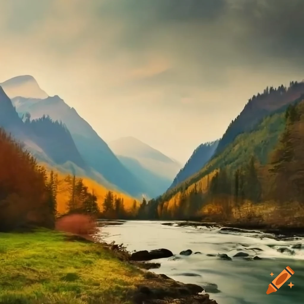 A scenic landscape with mountains and a peaceful river on Craiyon