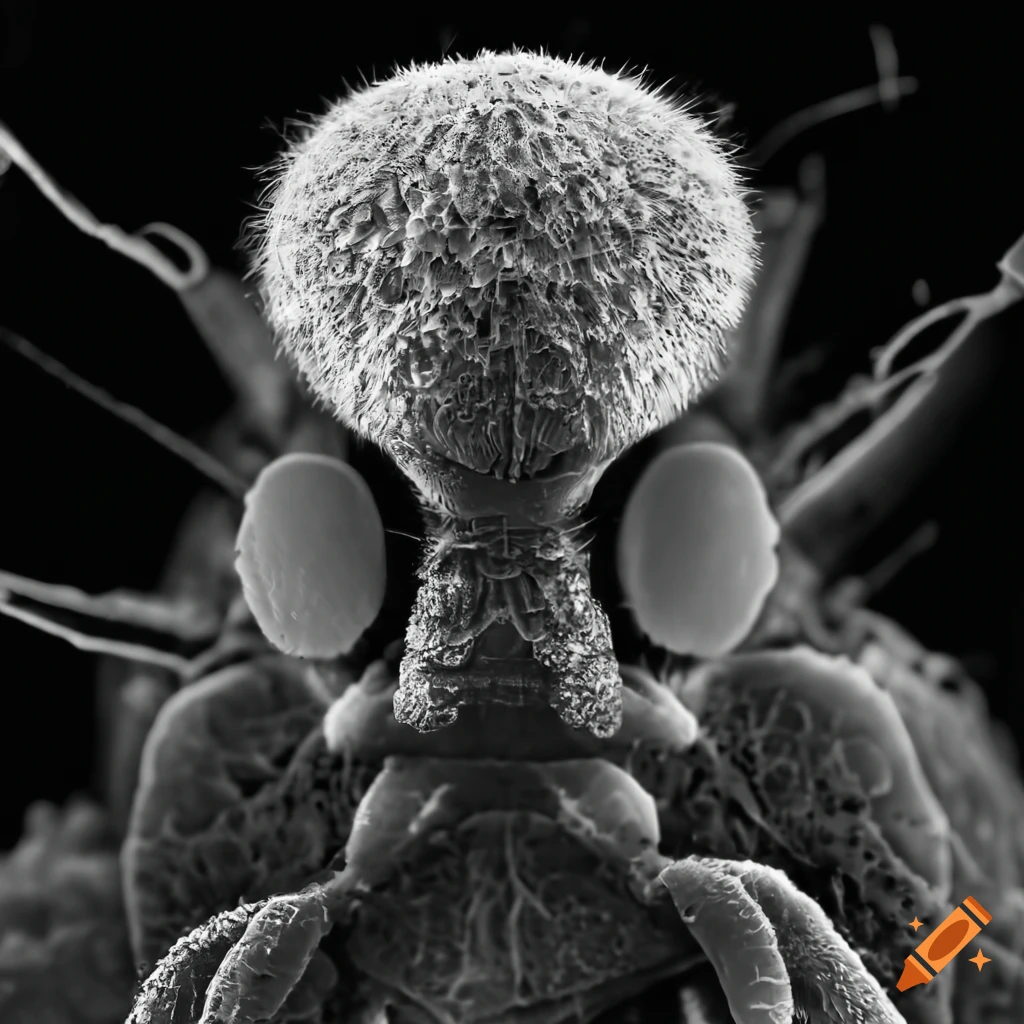 Ornamented housefly electron microscope photo black and white greyscale ...