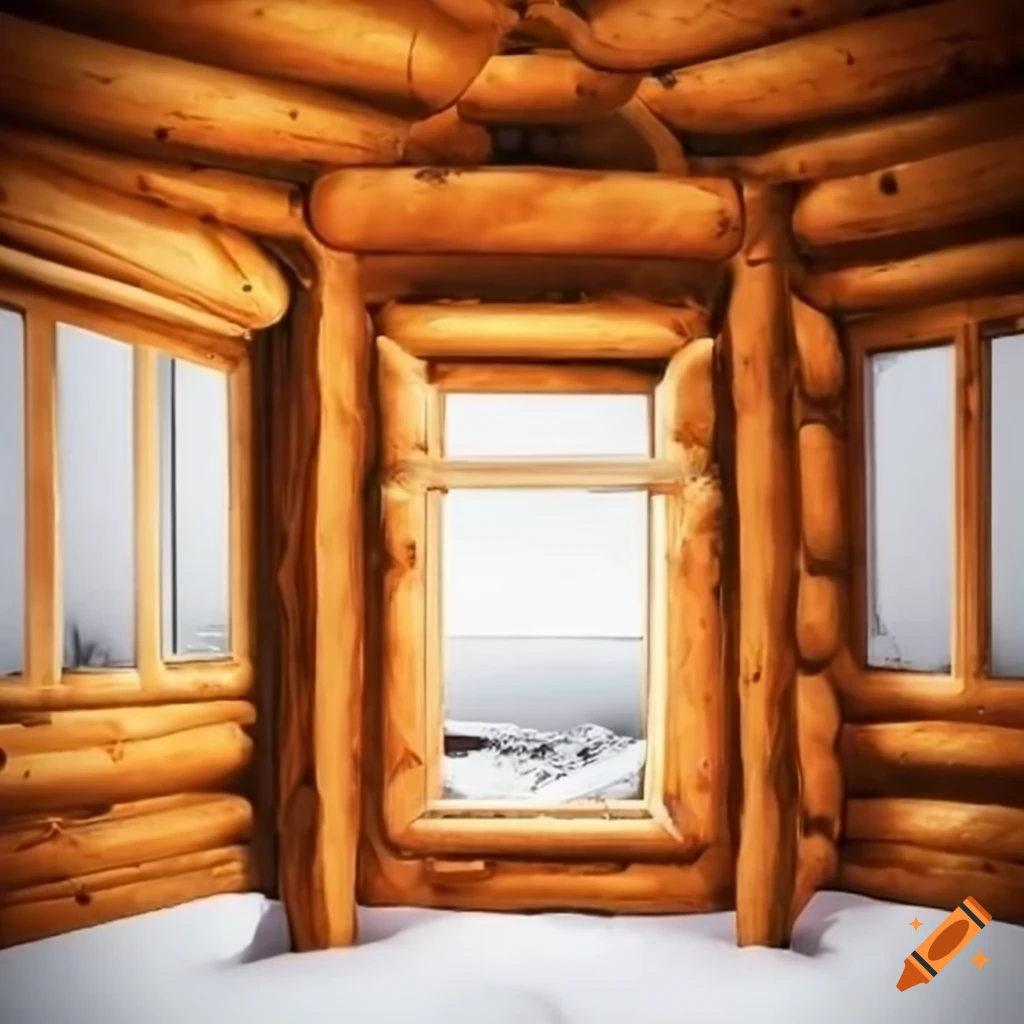 Modern, log cabin, window, interior, winter