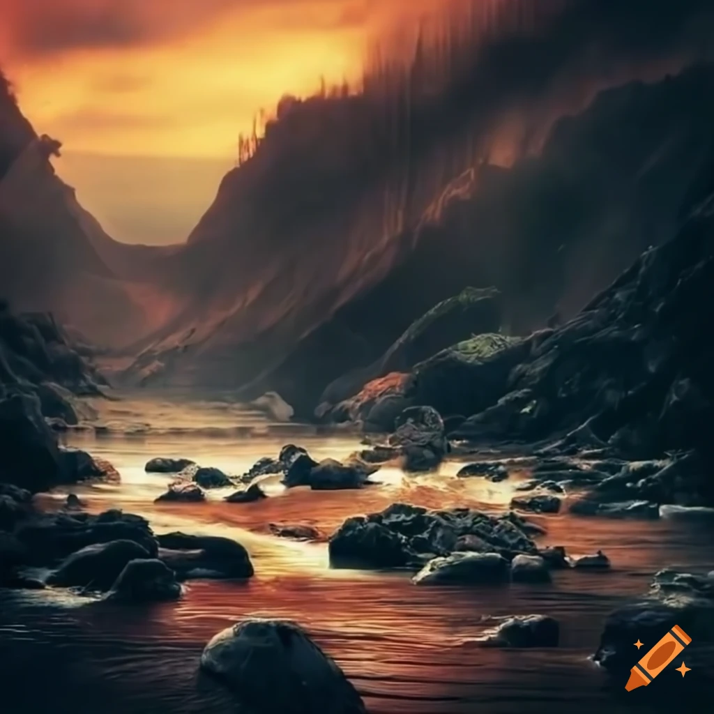 An old wooden bridge over a stream of lava