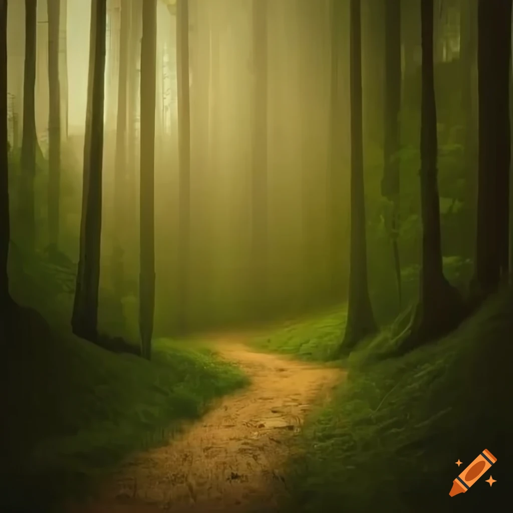 Peaceful view of a forest entrance with a little haze on Craiyon