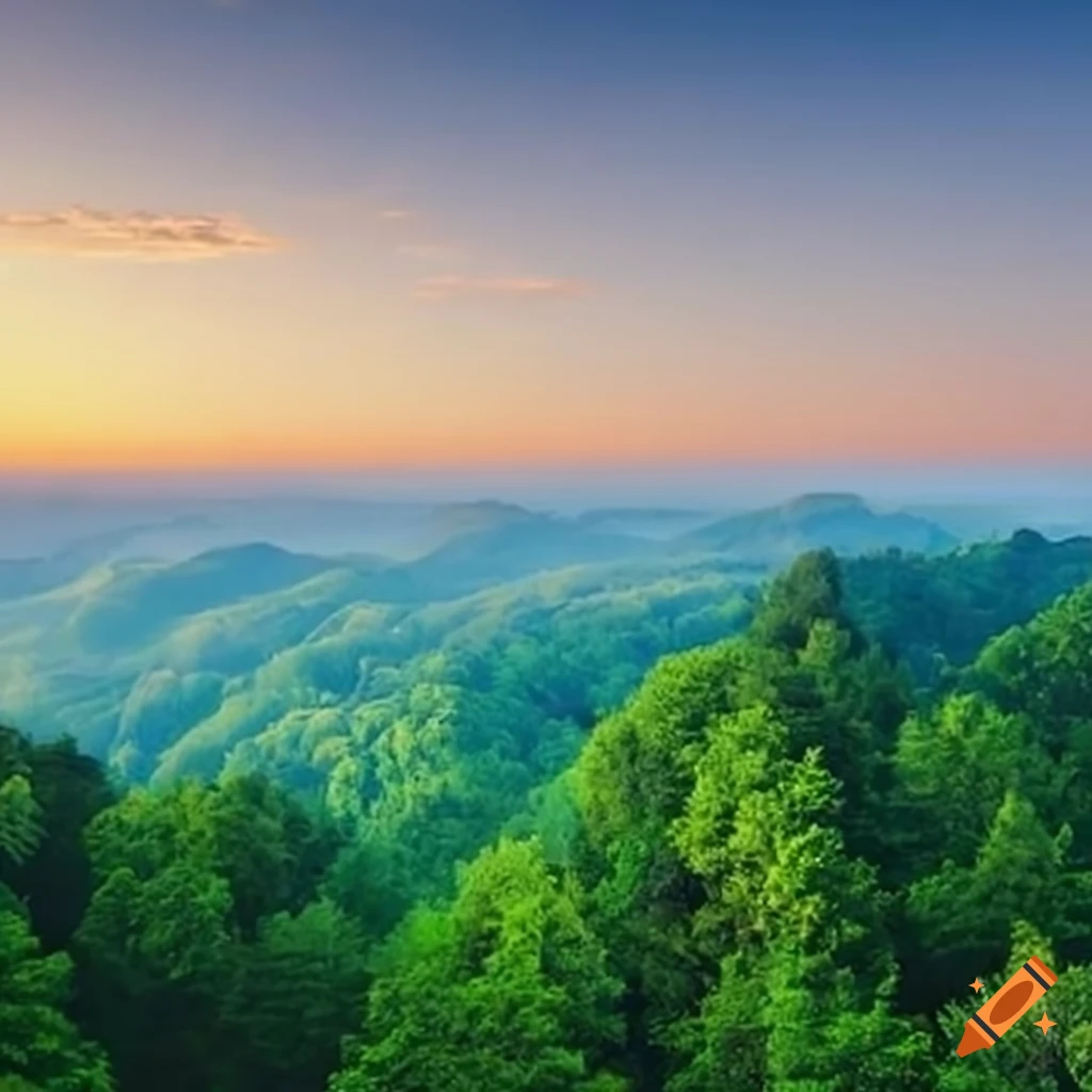 A breathtaking view of vast, lush green forests on Craiyon