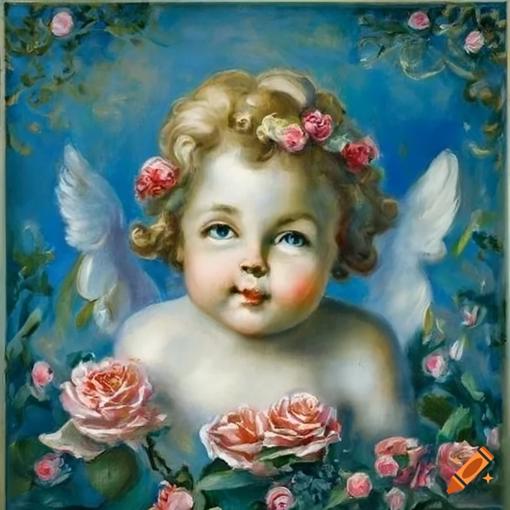 A serene cherub with wings among blooming roses, inspired by monet on ...