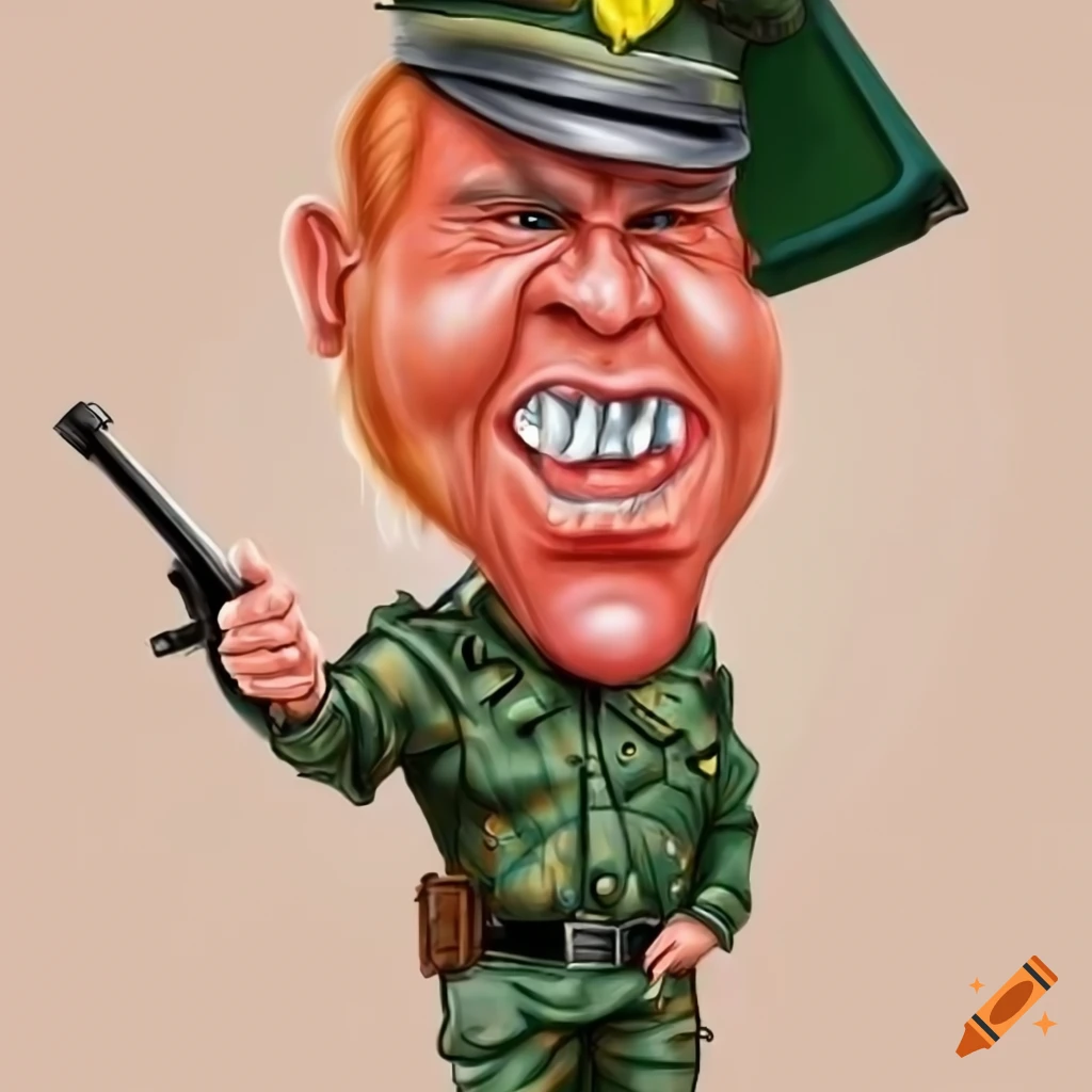 Full body cartoonish caricature drawing of an angry ginger military ...