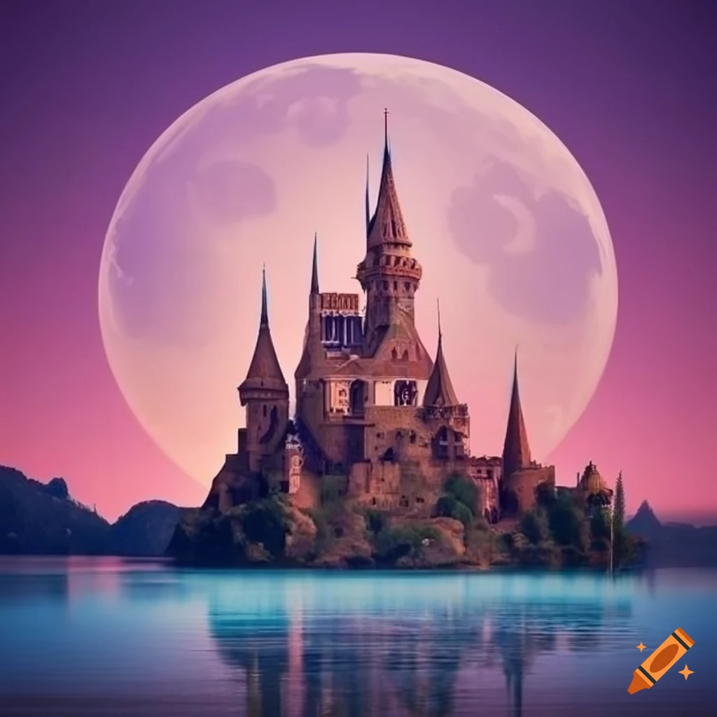 Fantasy castle with a great bow-shaped towers surrounded by a lake with ...
