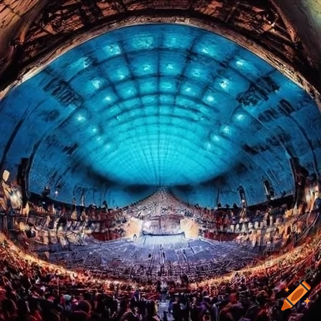I want to see an underground concert arena with a large-scale cover ...