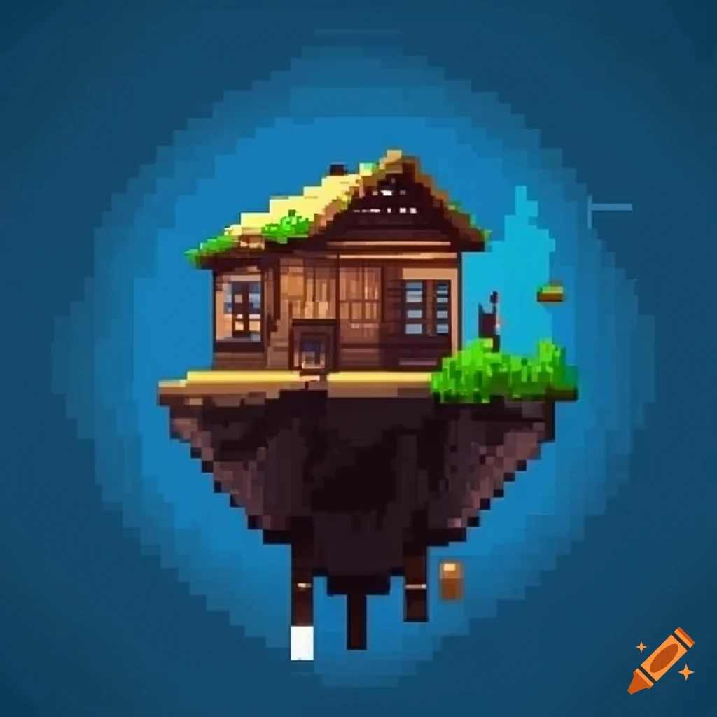 Cabin on a floating island, pixel art, 3/4 view