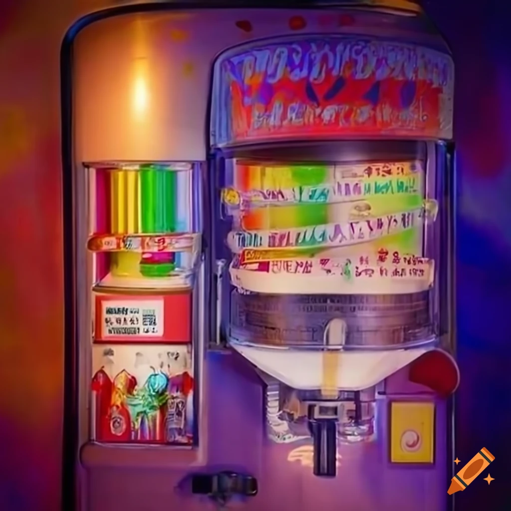 A grainy photograph of a vintage slurpee machine that is filled with ...