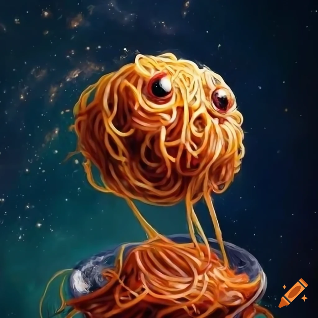 A flying ball of spaghetti that look like a monster with meatballs as ...