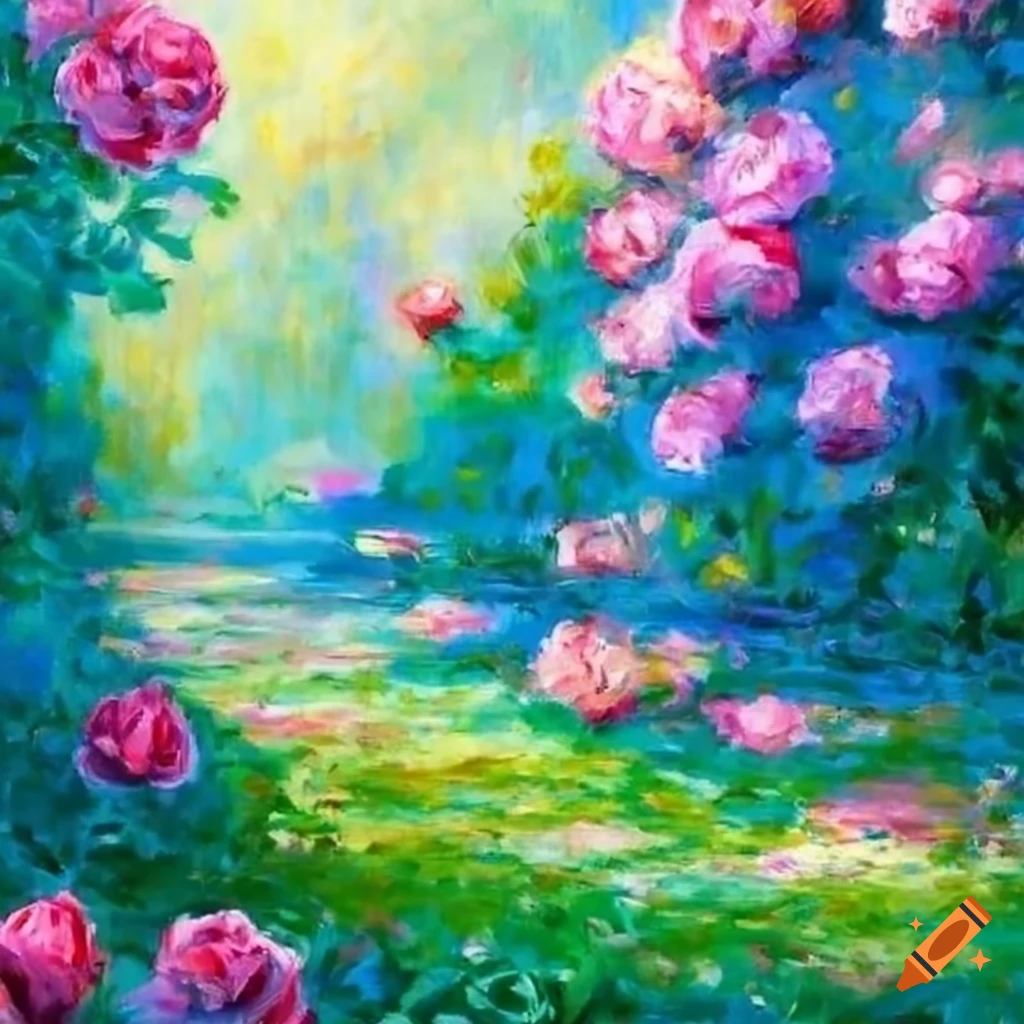 A beautiful garden of blooming roses, painted in monet's style on Craiyon