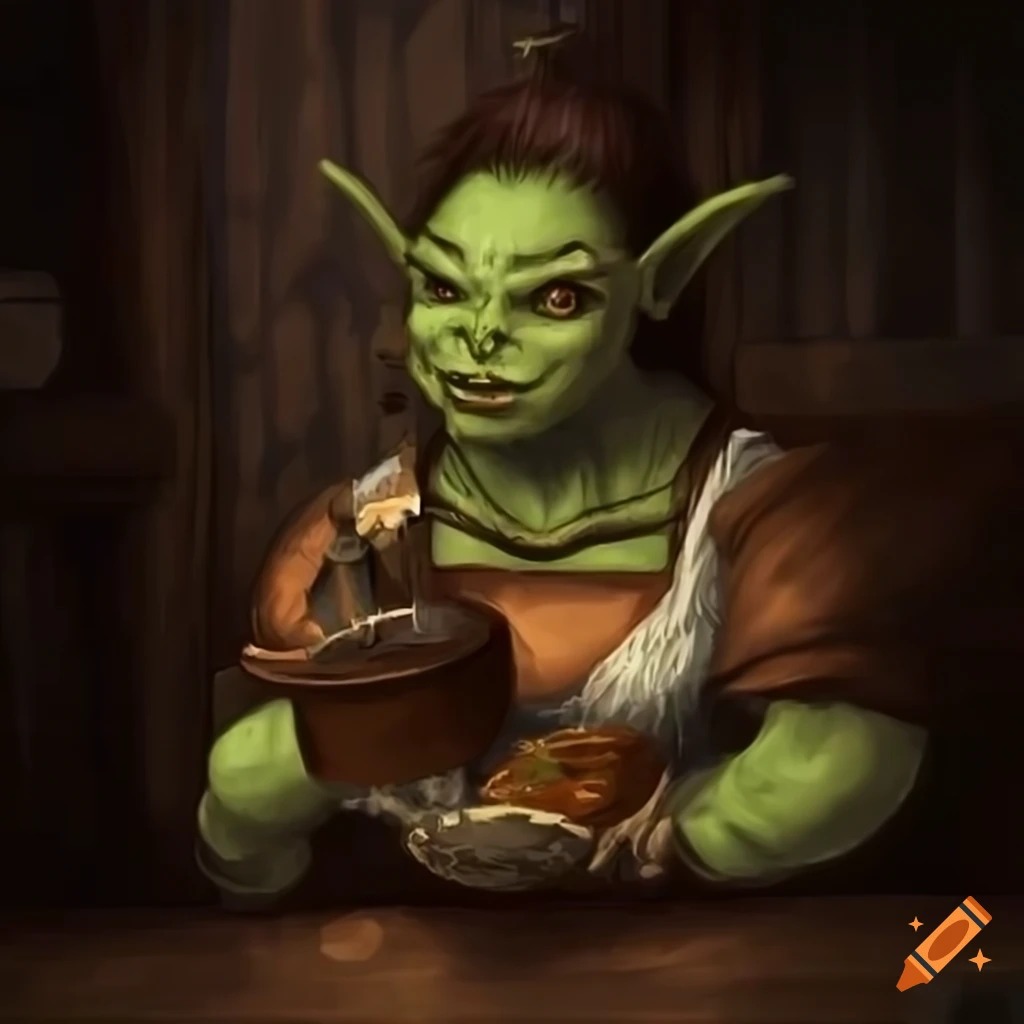 A strong female orc serving food in a medieval tavern on Craiyon