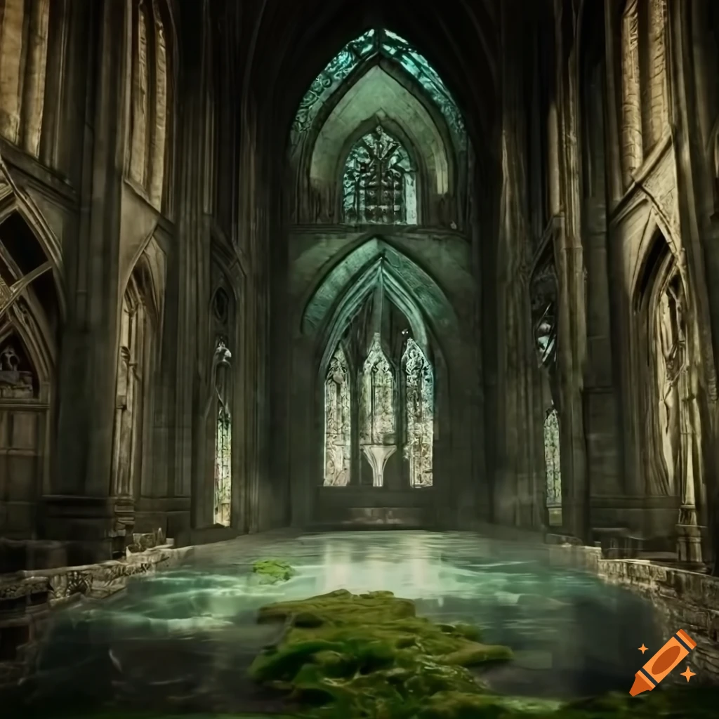 A mystic cathedral made of stone overgrown with moss with flowing water ...