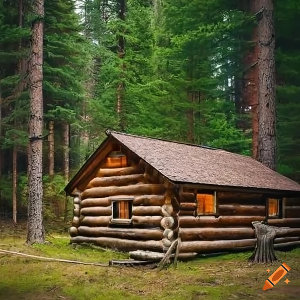 Log cabin in a lush conifer forest with plenty of deer on Craiyon