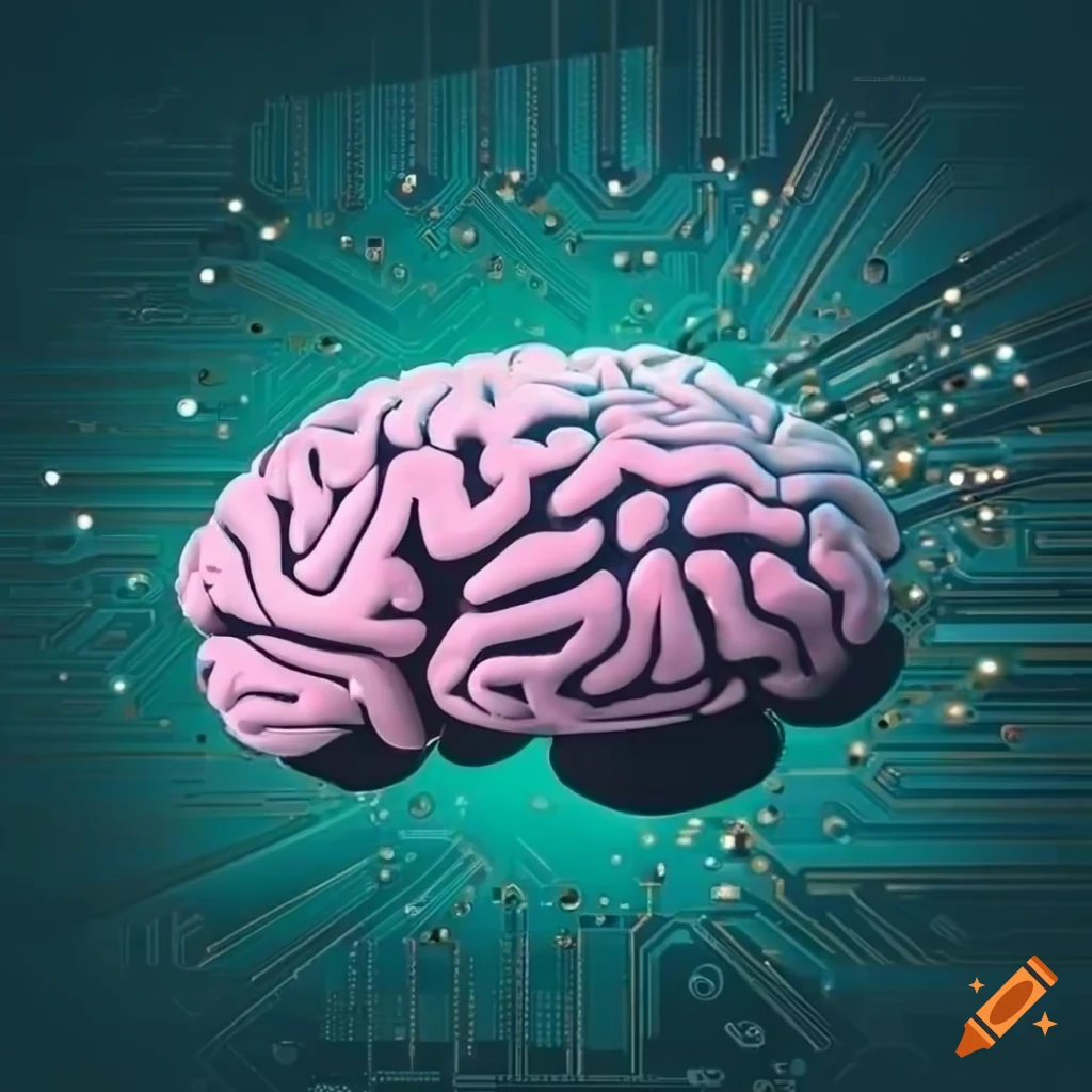 A human brain sitting on top of a computer chip on a mainboard, highly ...