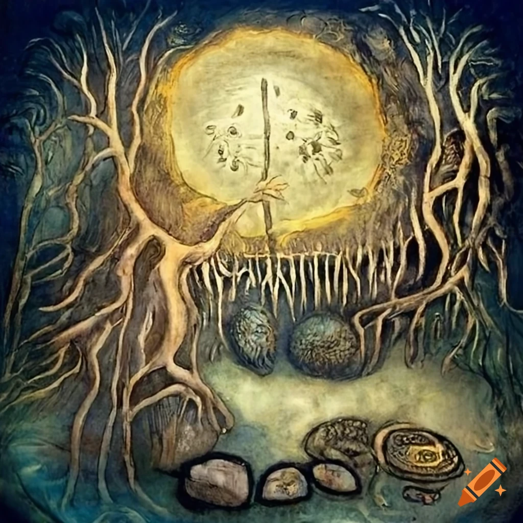 Medieval Bestiary. Dandelion Trees. Runes and mystic symbols painted on ...