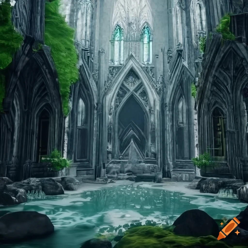 A mystic cathedral filled with crystals, pond, stone overgrown with ...