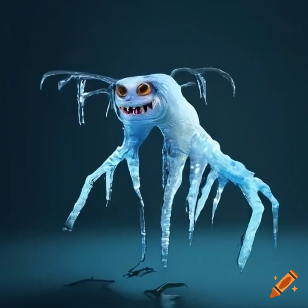 A thin, lean ice insect monster made of thin transparent icicles. It ...
