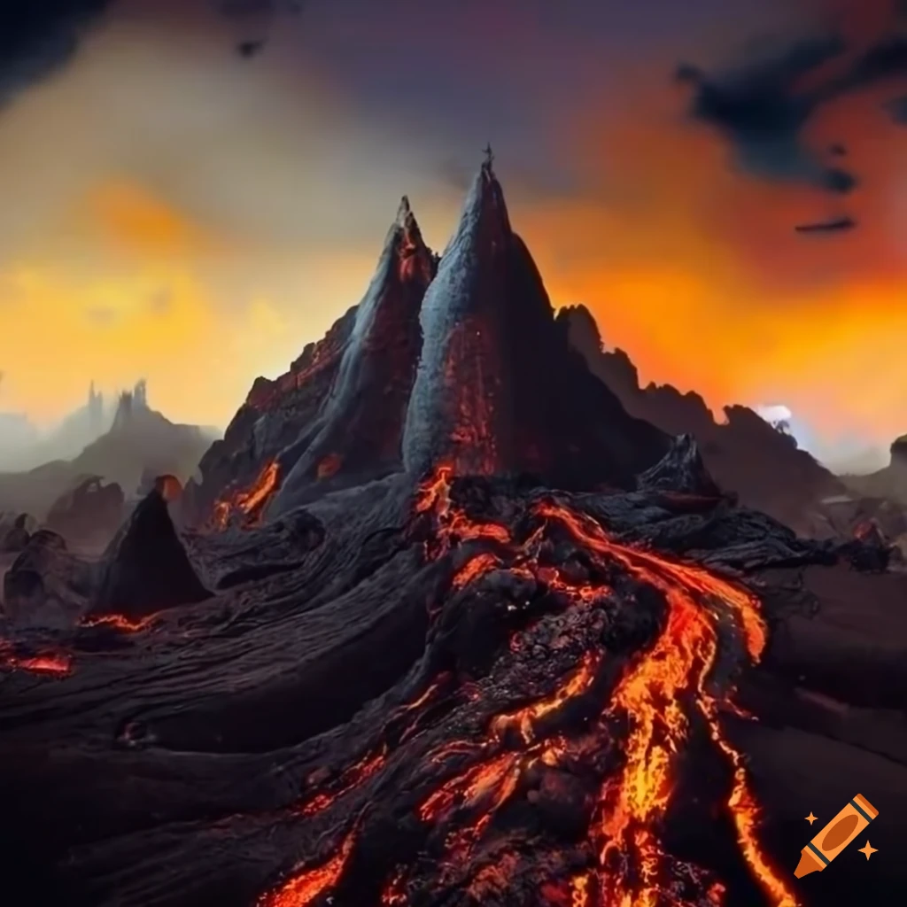 Spikey mountains with lava and jungle trees on Craiyon