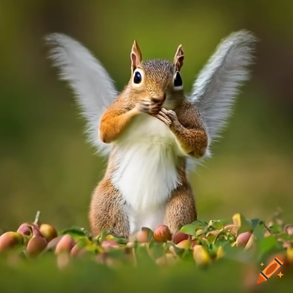 Seymour the squirrel as an angel in heaven in a field of pistachios on ...