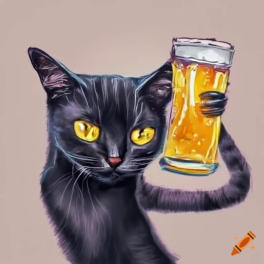 A black cat drinking beer on Craiyon