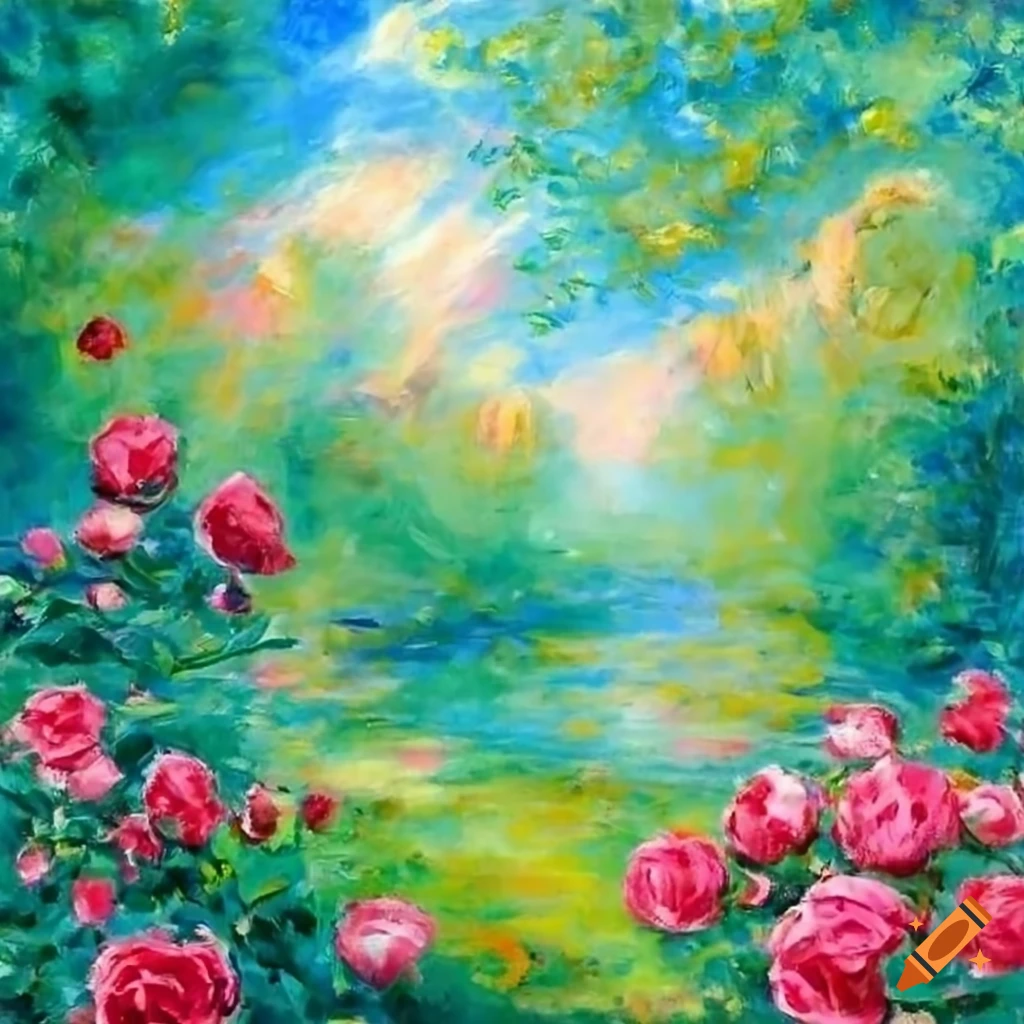 A beautiful garden of blooming roses, painted in Monet's style on Craiyon